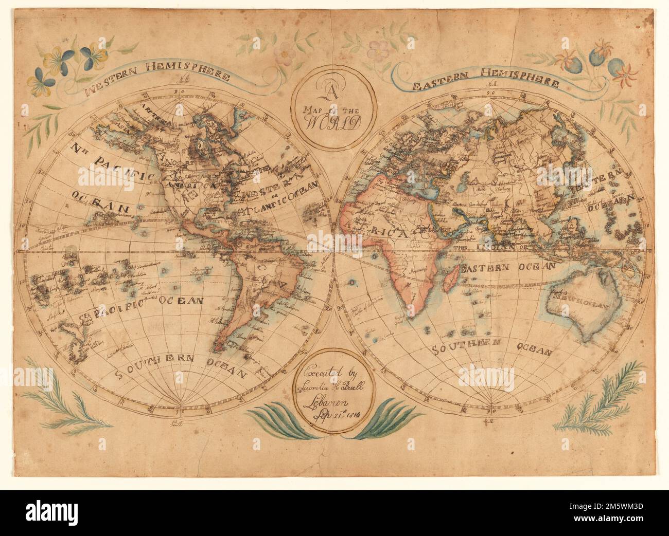 A map of the world. Manuscript schoolgirl map in ink and watercolor ...