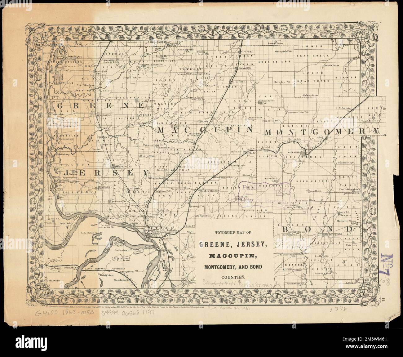Township map of Greene, Jersey, Macoupin, Montgomery, and Bond Counties ...