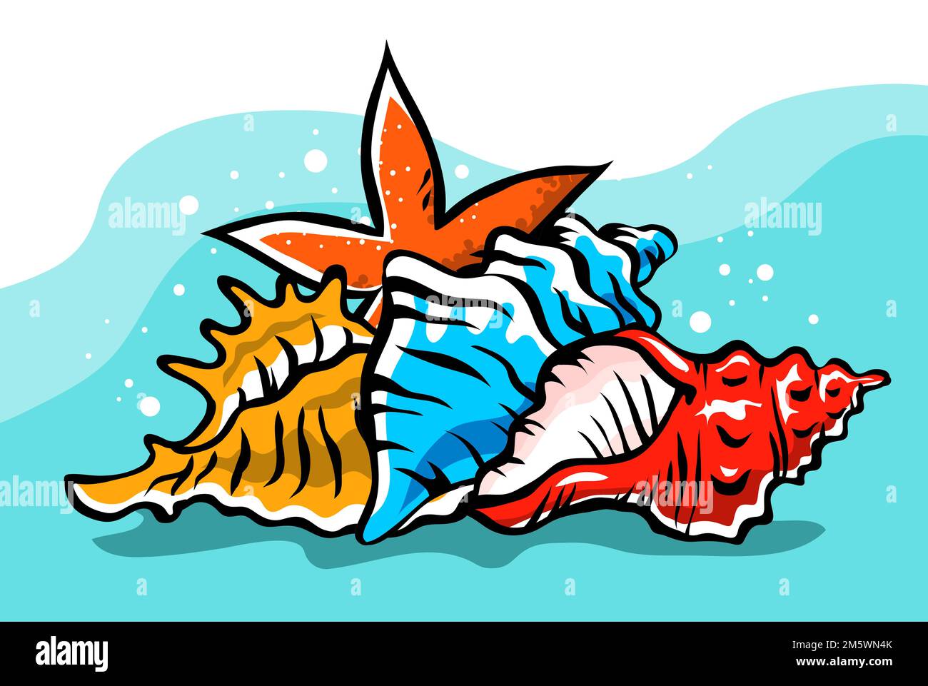 Colorful seashells and starfish set. Snail sea shell. Marine underwater ...