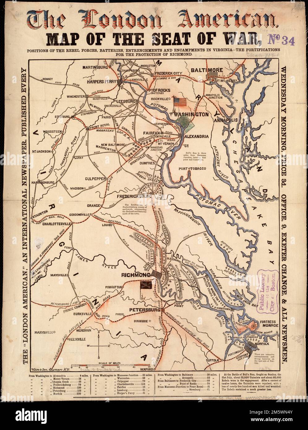 Map of the seat of war, positions of the rebel forces, batteries ...