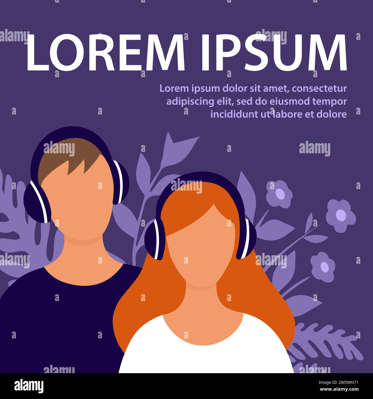 The boy and girl listens to music with headphones. Head no face style ...