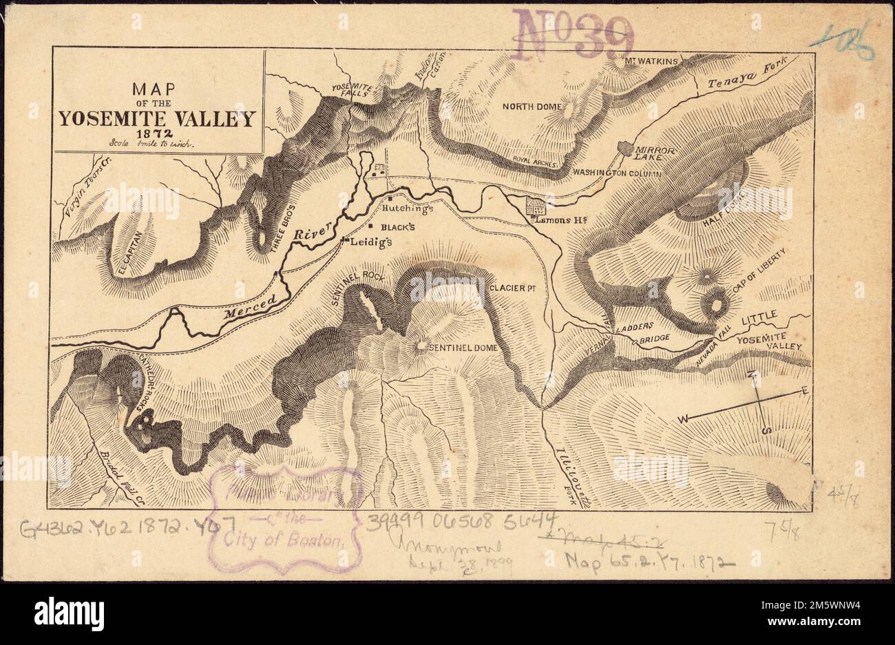 Map of the Yosemite Valley. Relief shown by hachures. Oriented with ...