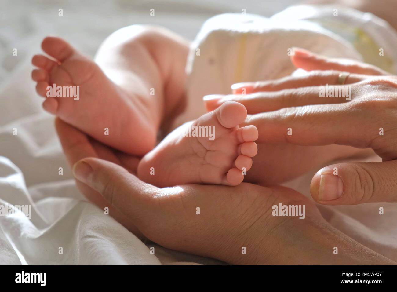 Baby feet in mother hands, on her palm. Happy parents holding their ...