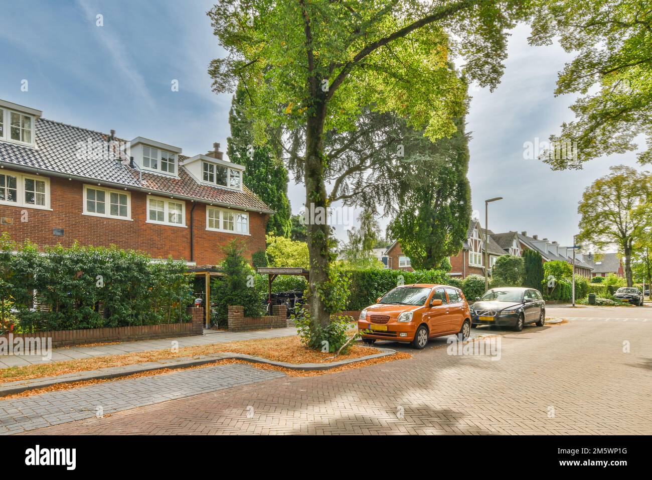 a street with cars parked on the side and houses in the background ...