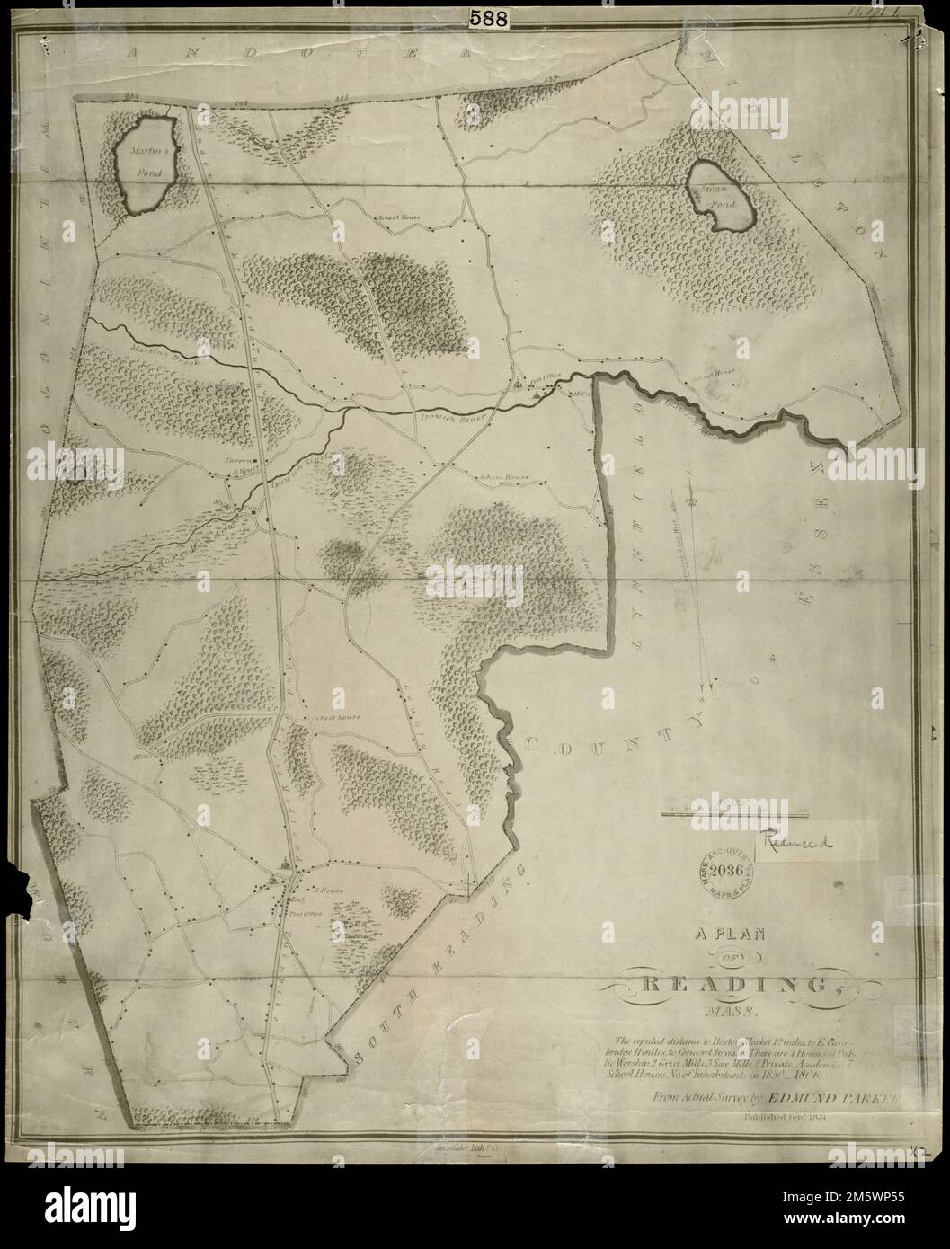 Plan of Reading, Mass. : showing roads, bodies of water, woodlands ...