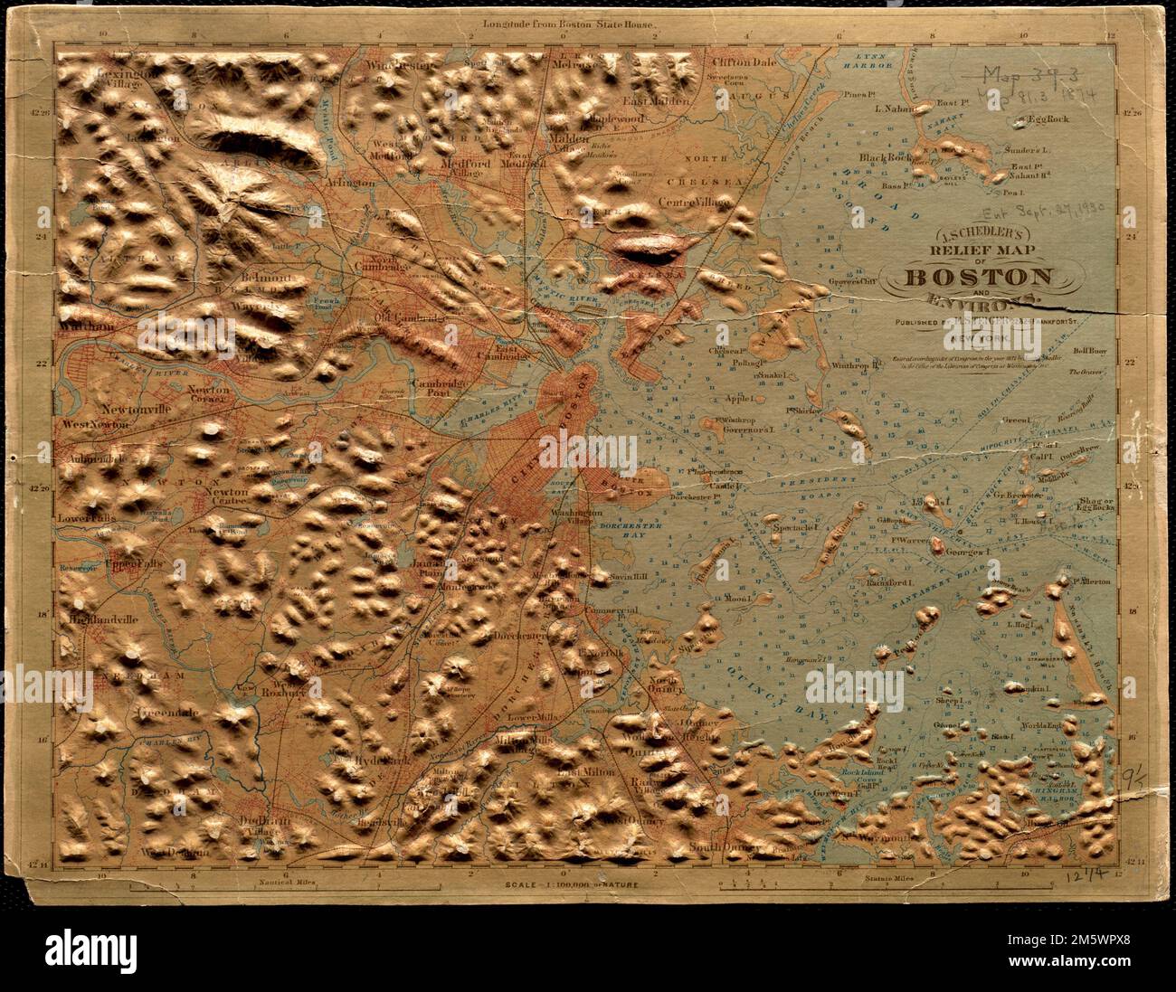 J. Schedler's relief map of Boston and environs. Raised relief map ...