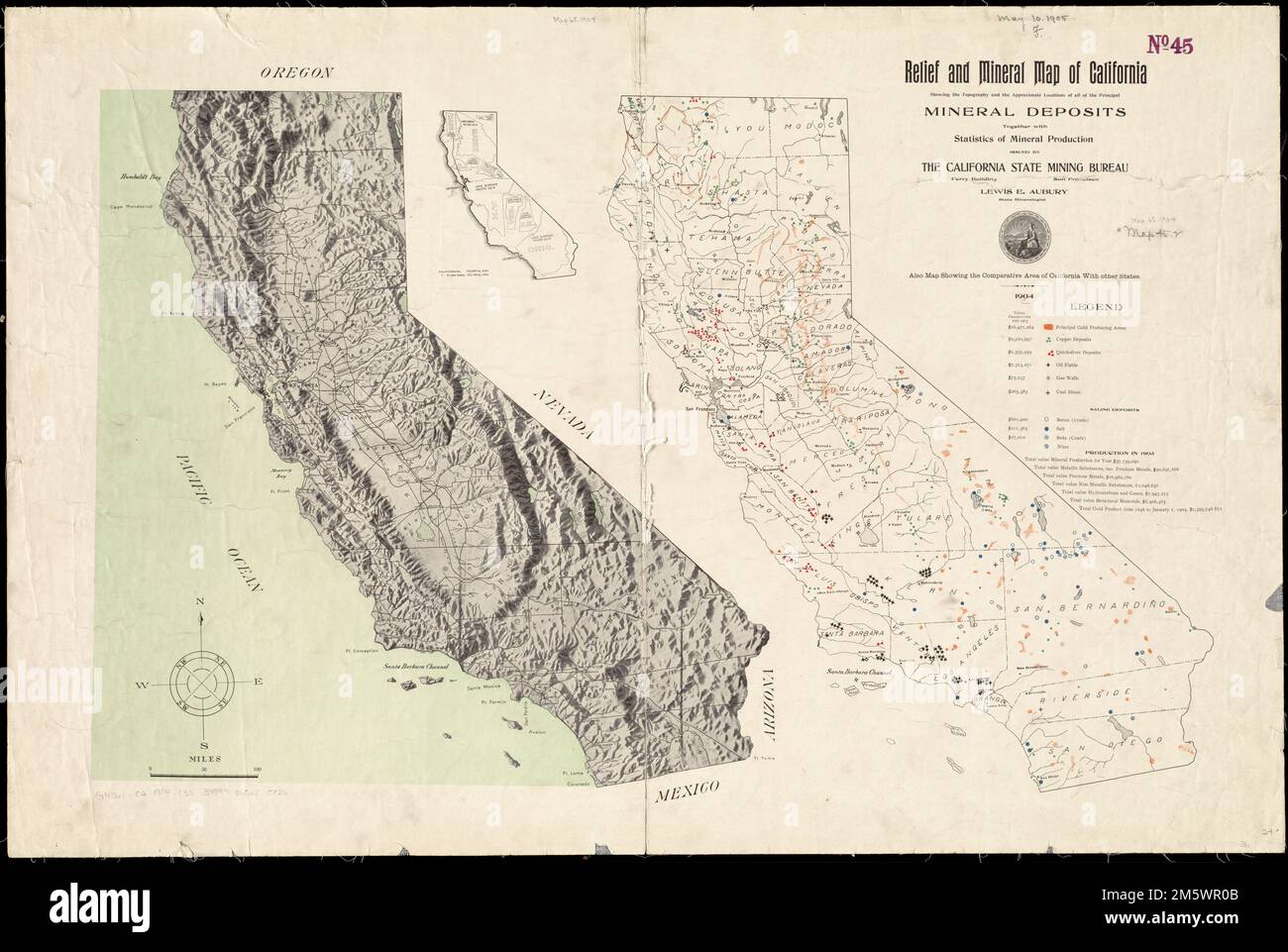 Relief and mineral map of California showing the topography and the ...