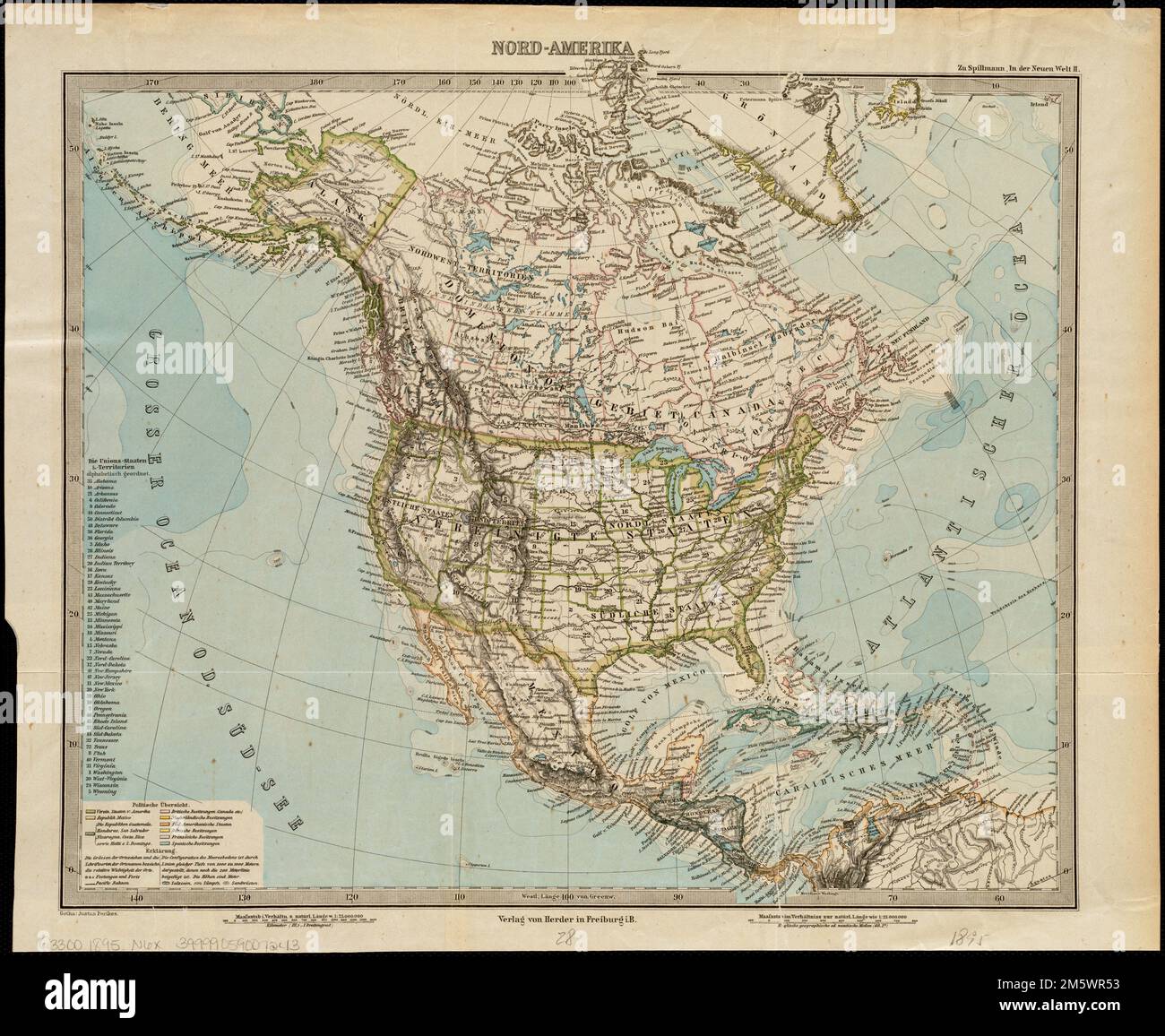 Nord-Amerika. Relief shown by hachures. Depths shown by bathymetric ...