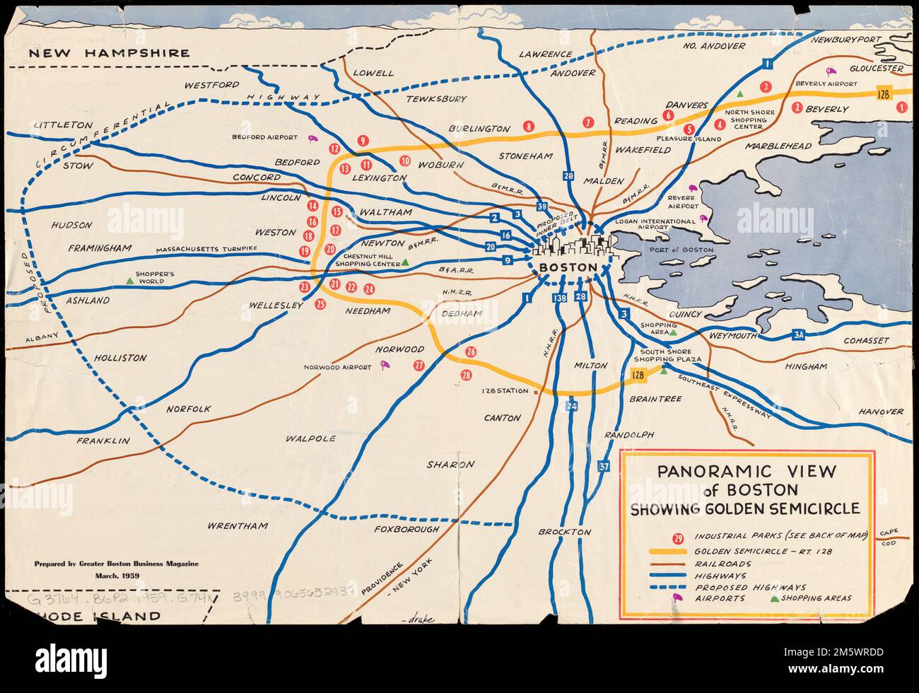 Panoramic view of Boston showing golden semicircle. Shows industrial ...