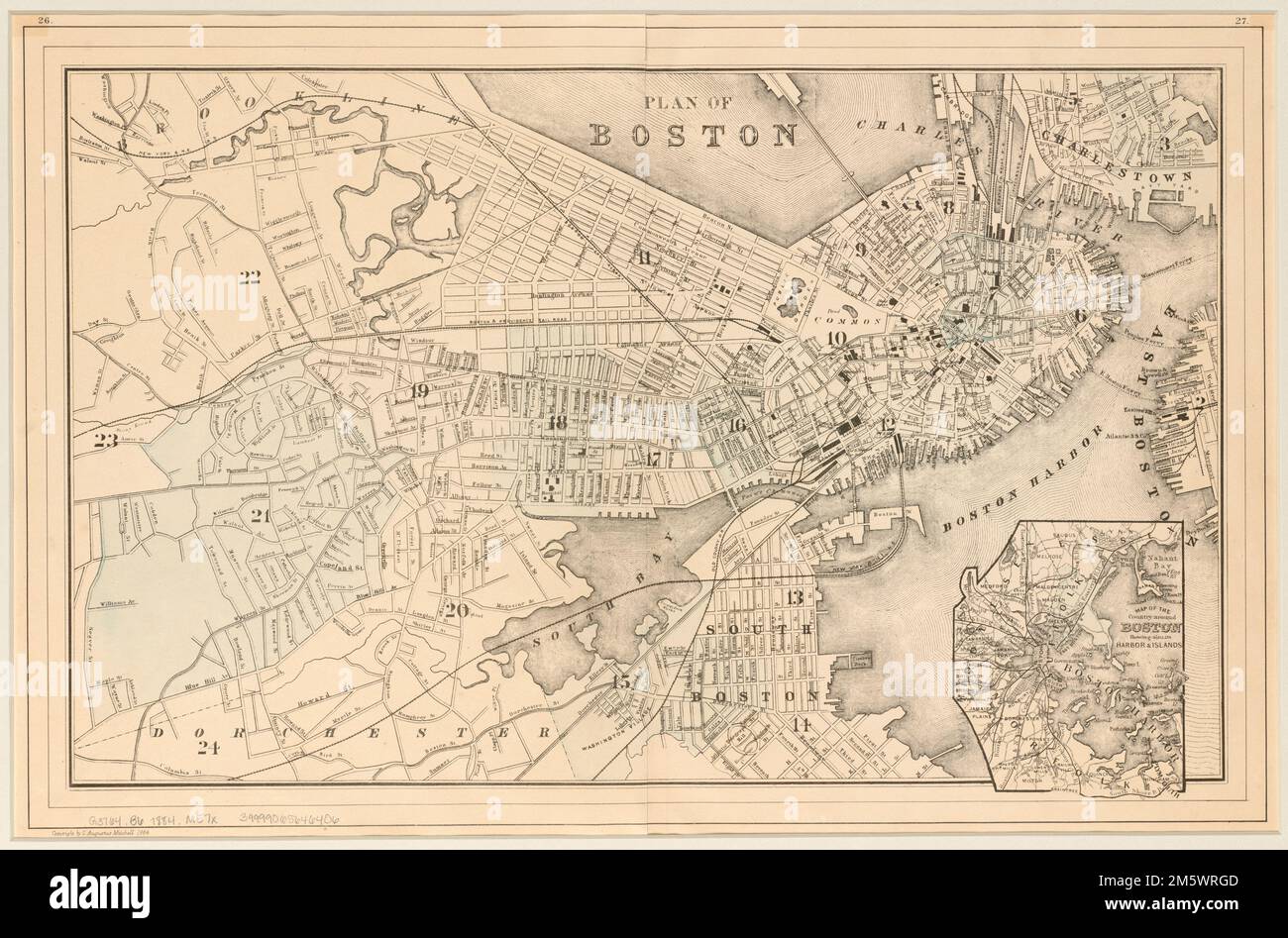 Plan of Boston. Inset: Map of the country around Boston showing also ...