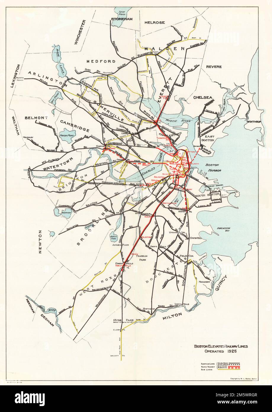 Boston Elevated Railway lines operated 1925. Shows surface lines ...