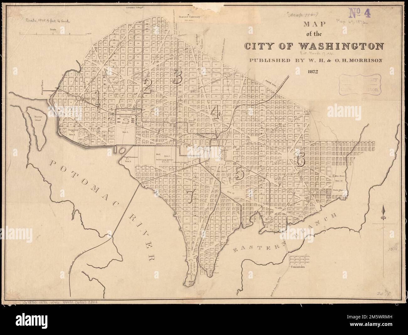 Map of the city of Washington. Shows block numbers, wards, railroads ...