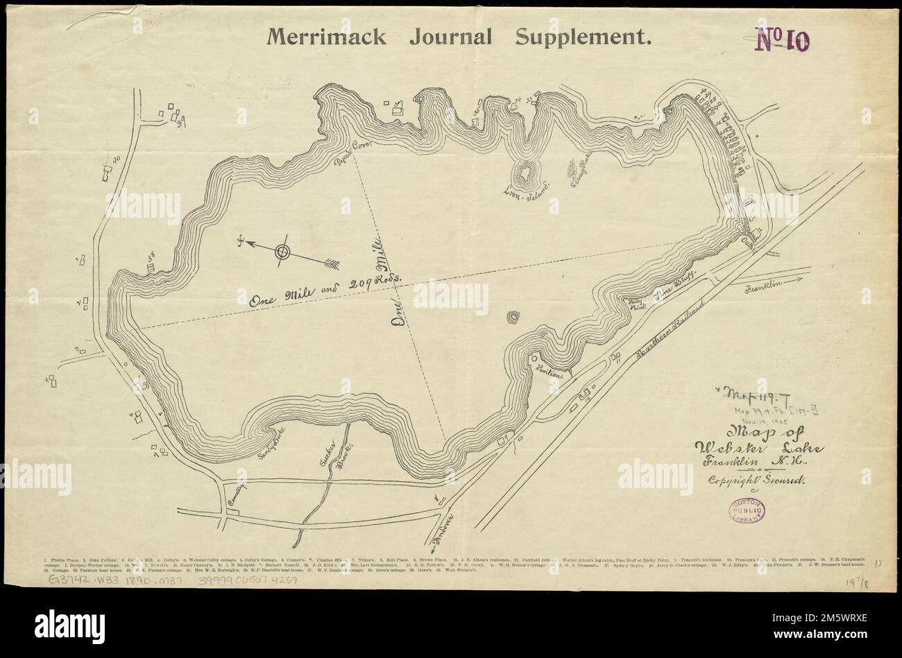Map of Webster Lake, Franklin, N.H. At head of map: Merrimack Journal ...