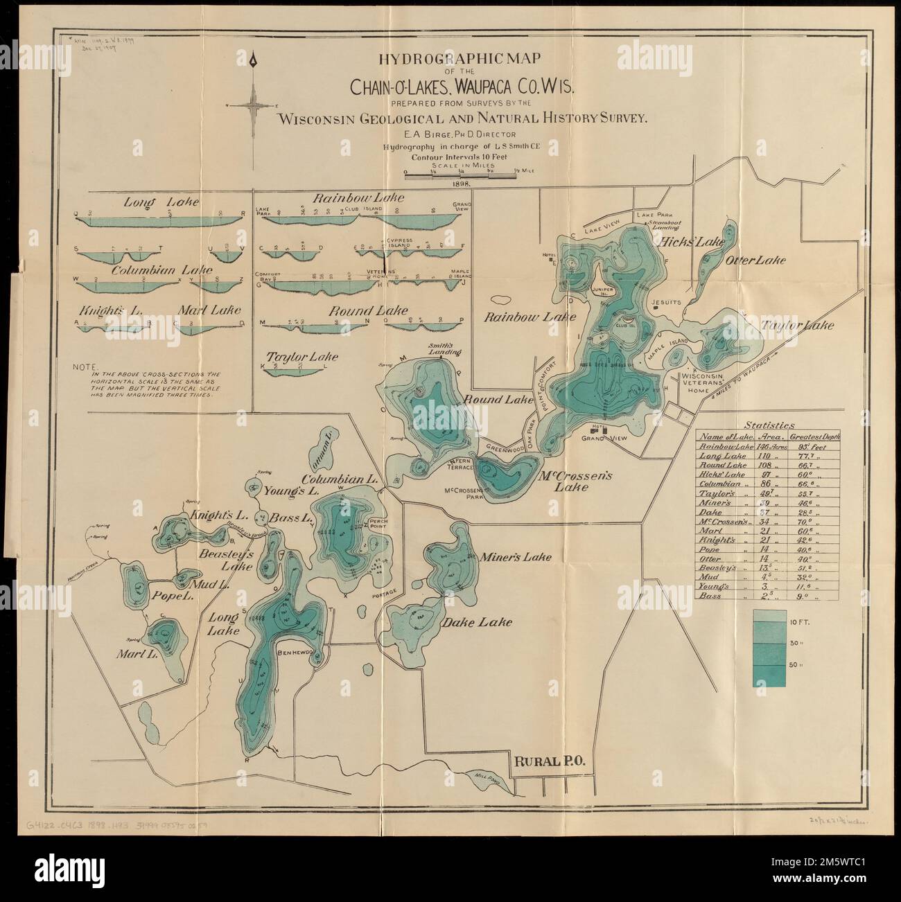 Hydrographic map of the Chain-O'-Lakes, Waupaca Co. Wis.. Depths shown ...