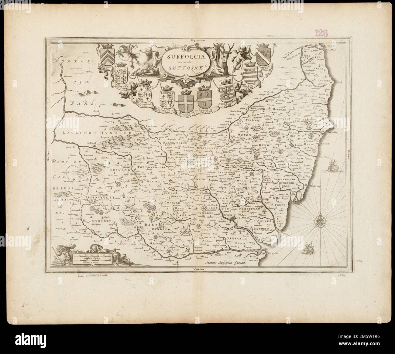 Suffolcia vernacula Suffolke. Map of the county of Suffolk in eastern ...