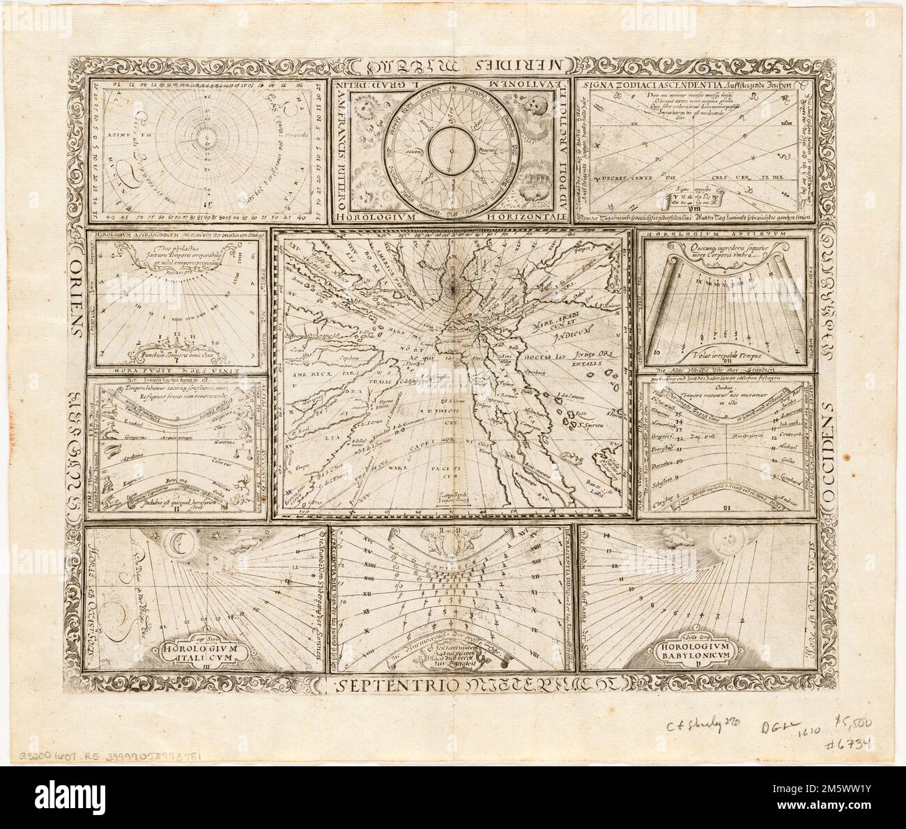 [World map]. Central map surrounded by ten horological diagrams ...