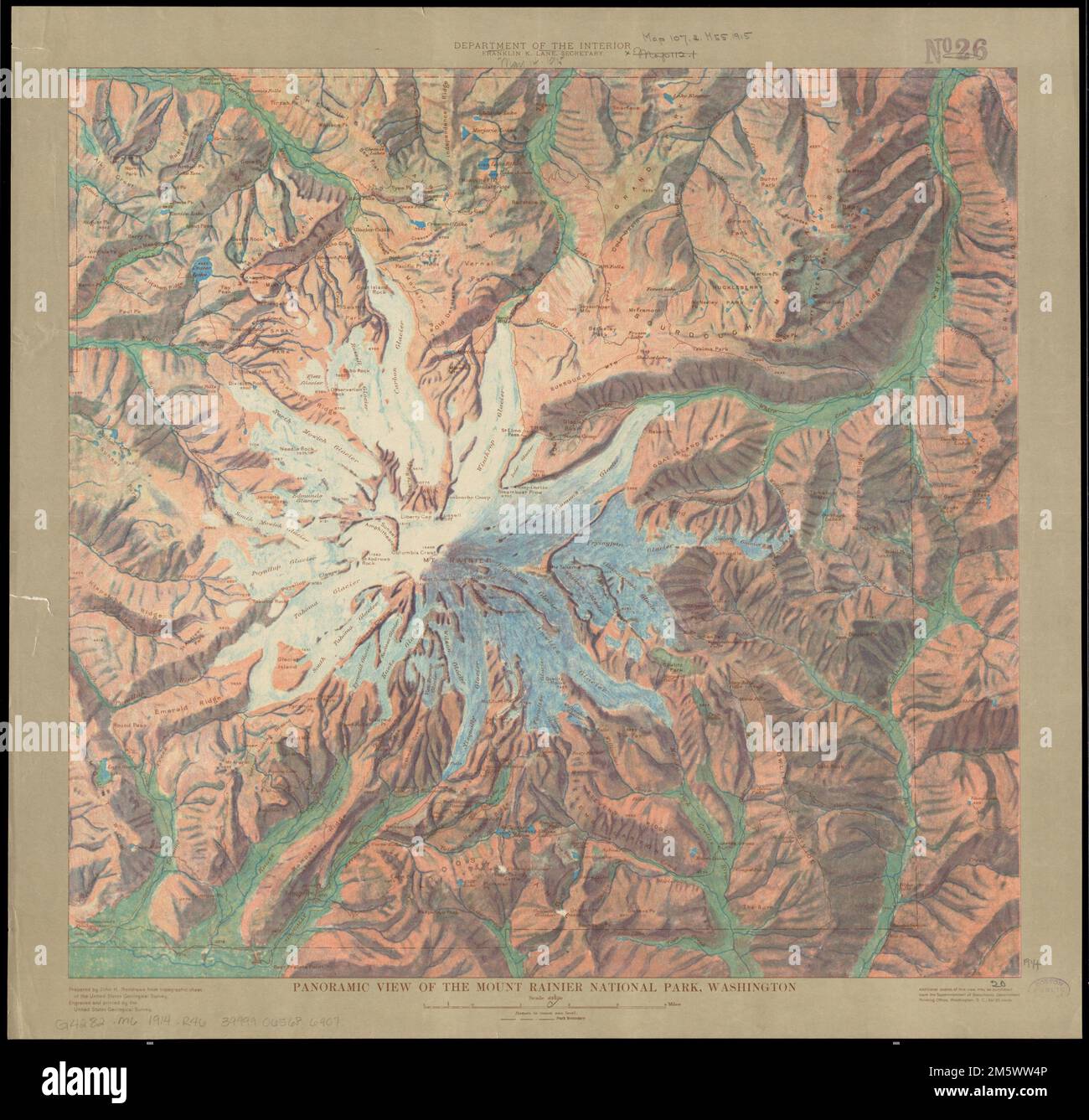 Panoramic view of the Mount Rainier National Park, Washington. Relief ...
