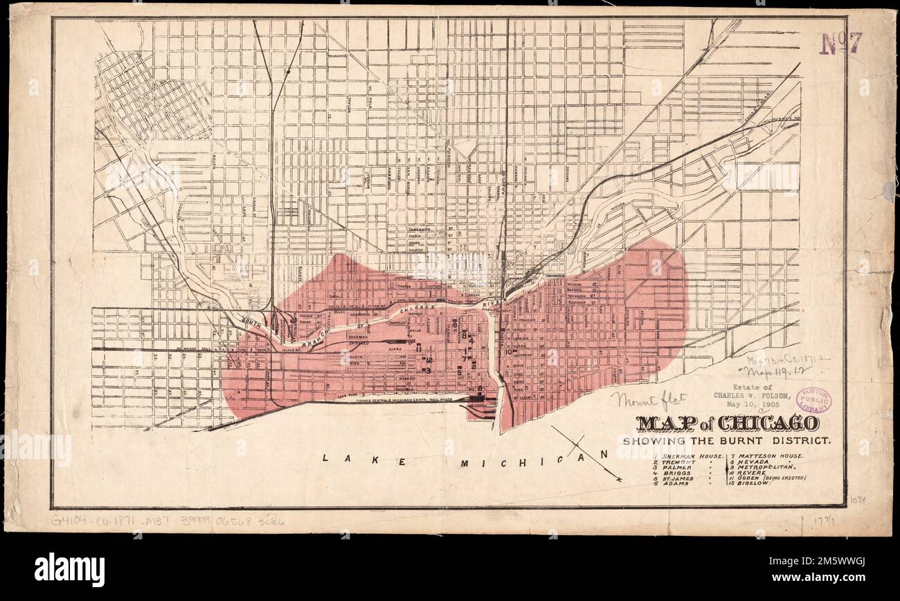Map of Chicago showing the burnt district. Shows extent of fire ...