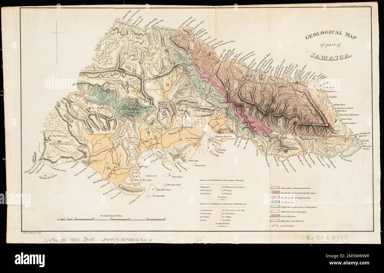 Geological map of part of Jamaica. Relief shown by hachures. Includes ...