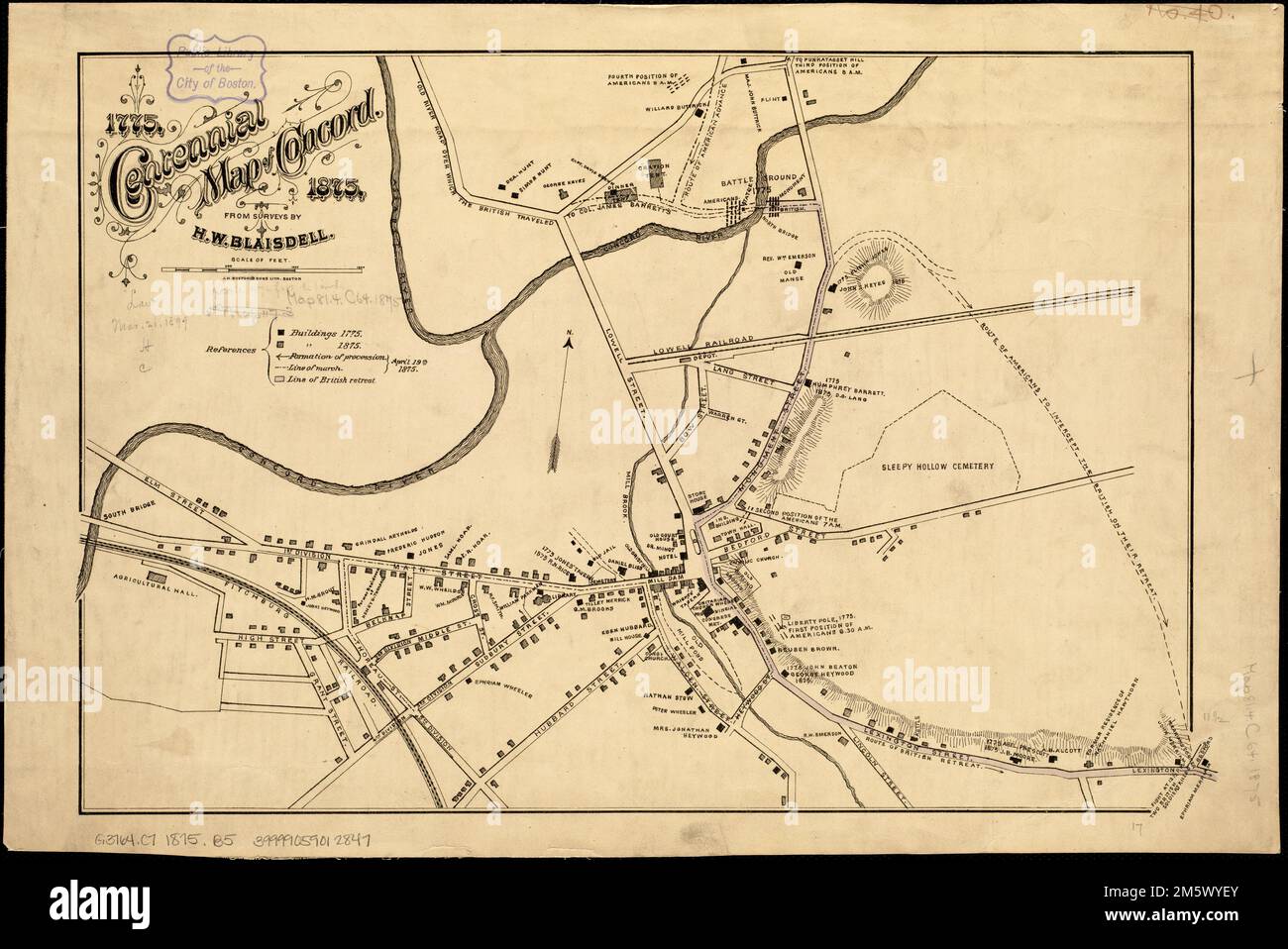 Centennial map of Concord, 1775-1875. Oriented with north to the upper ...
