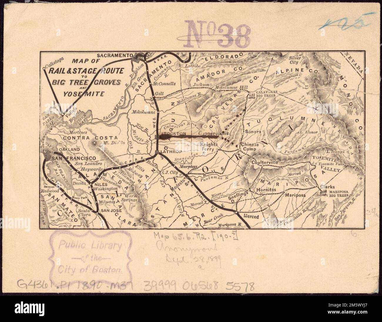 Map of rail & stage route to Big Tree Groves and Yosemite. Relief shown ...