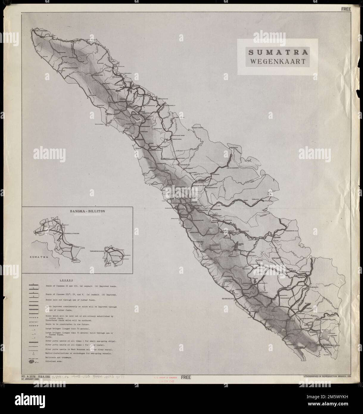 Sumatra wegenkaart. Inset map: Bangka-Billiton. "No. A-3578." Legend in ...