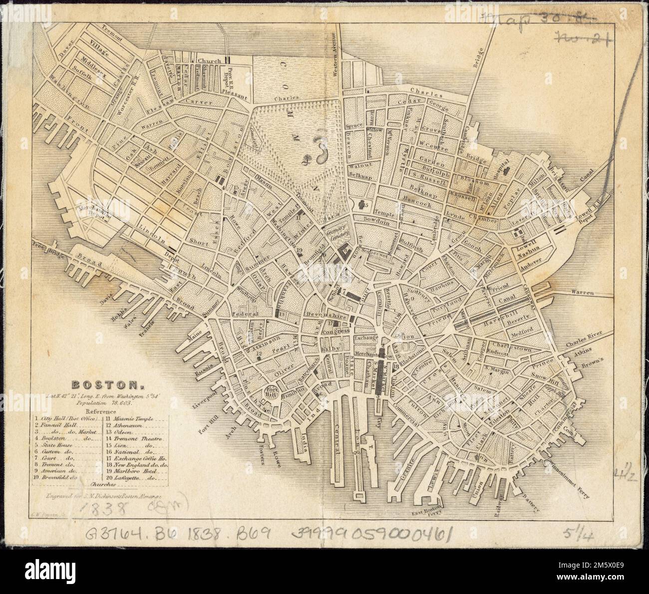 Boston. Oriented with north toward the bottom right. Relief shown by ...