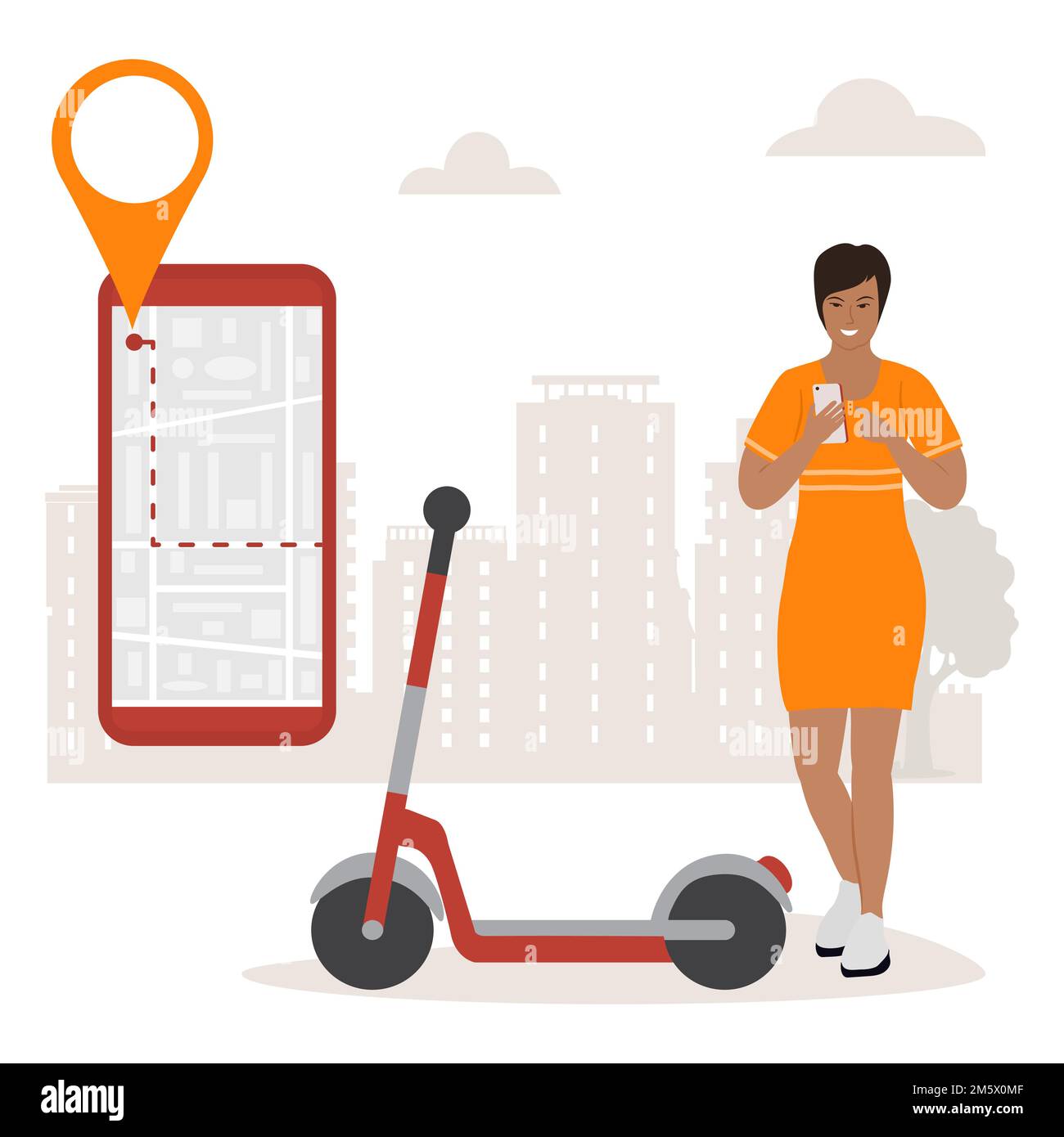 Vector Illustration Woman Uses Application On Cell Phone For Search The