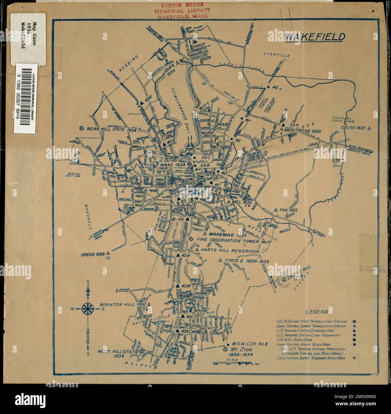 Wakefield, Massachusetts. Map depicts entire town of Wakefield in 1936 ...