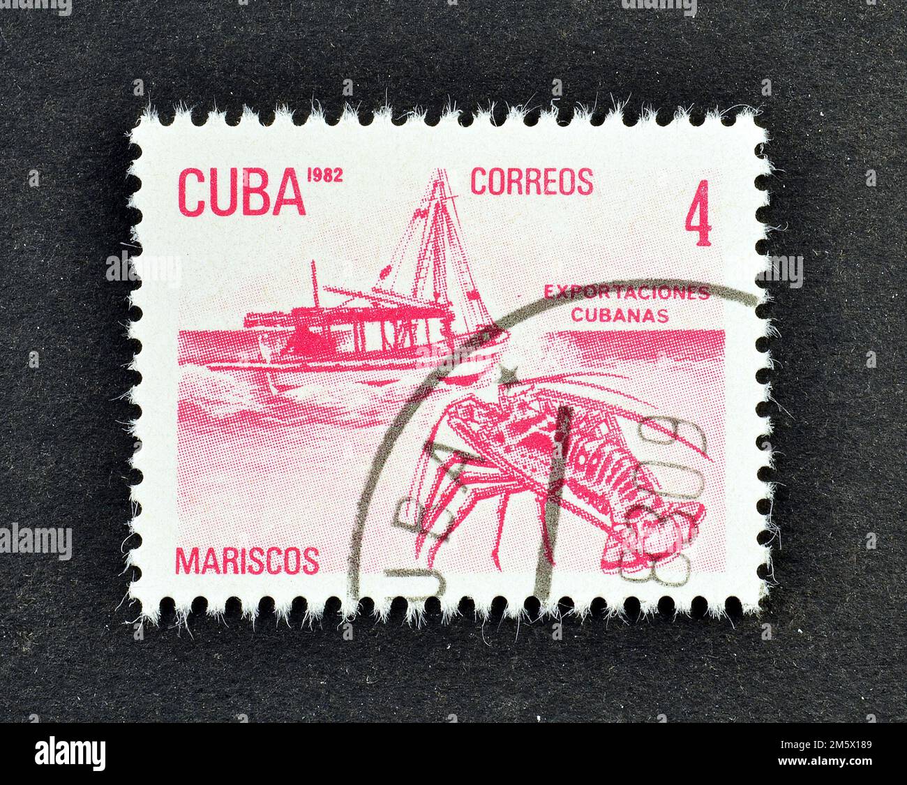Cancelled postage stamp printed by Cuba, that shows Lobster and fishing ...