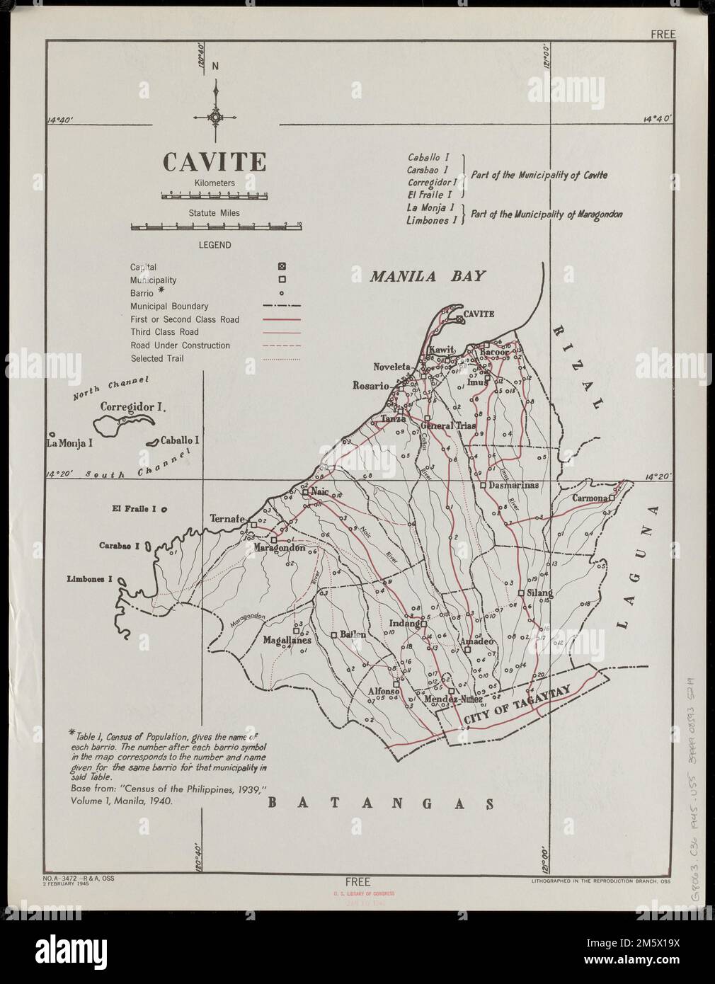 Cavite. No. A 3472--R & A, OSS; 2 February 1945. "Base from: "Census of the Philippines, 1939 ...