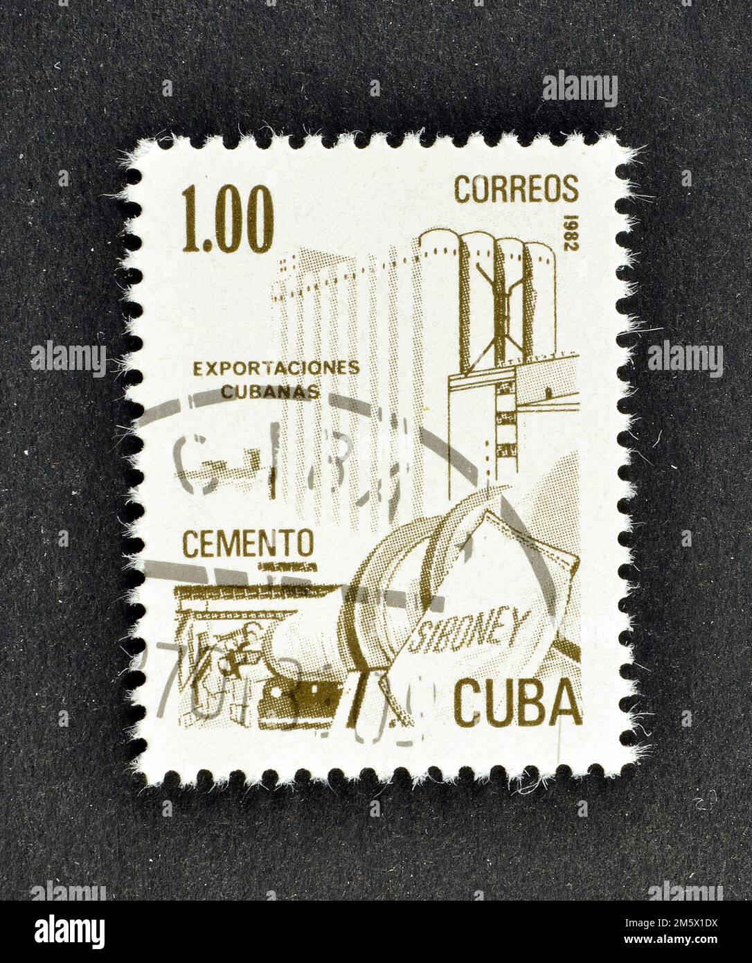 Cancelled postage stamp printed by Cuba, that shows Cement, exports ...