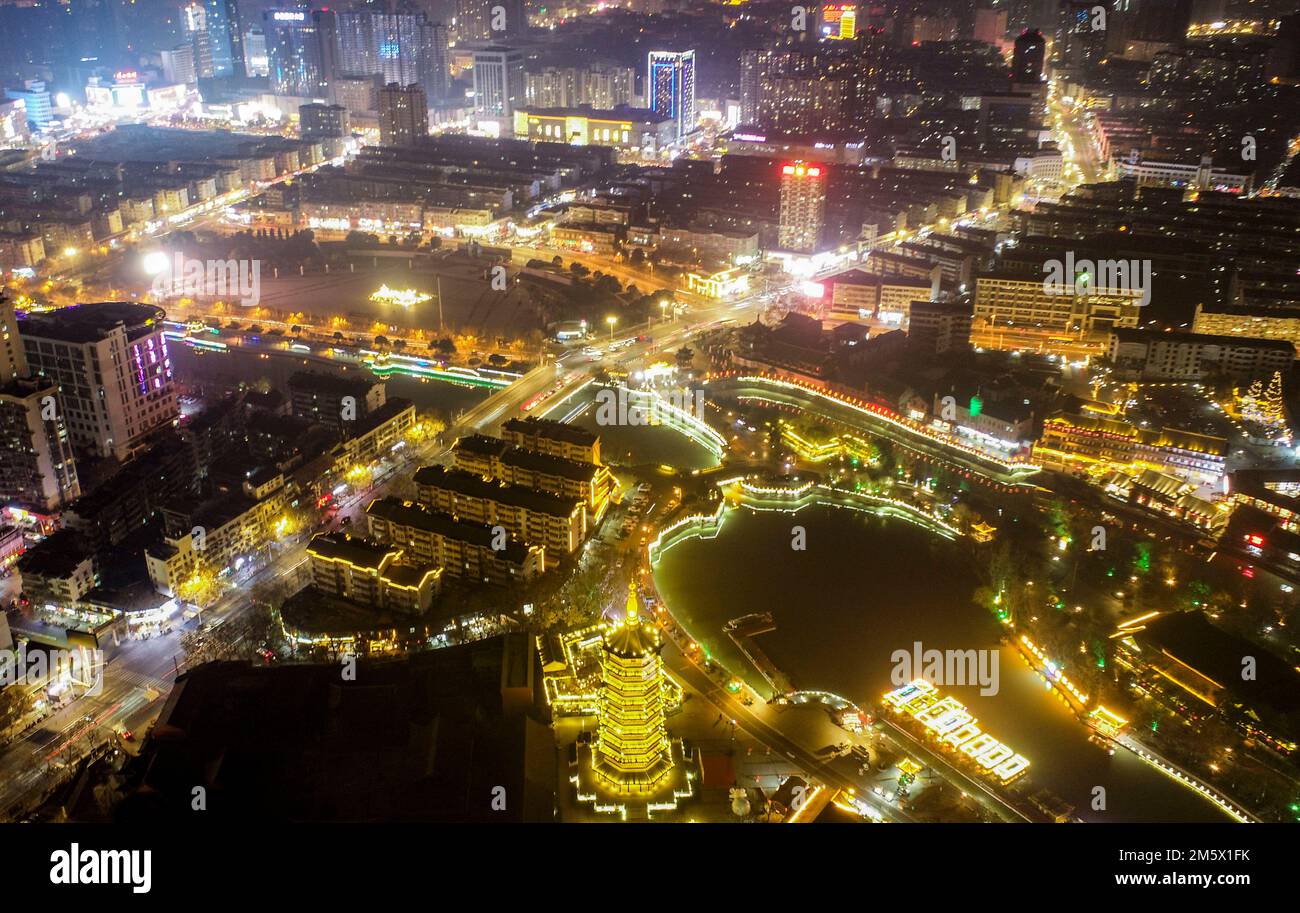 HUAI'AN, CHINA - DECEMBER 31, 2022 - Aerial photo shows the brightly ...