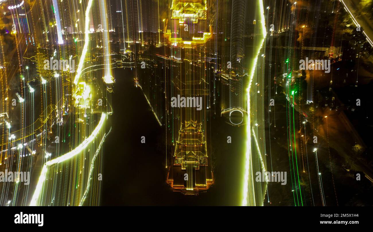 HUAI'AN, CHINA - DECEMBER 31, 2022 - Aerial photo shows the brightly ...