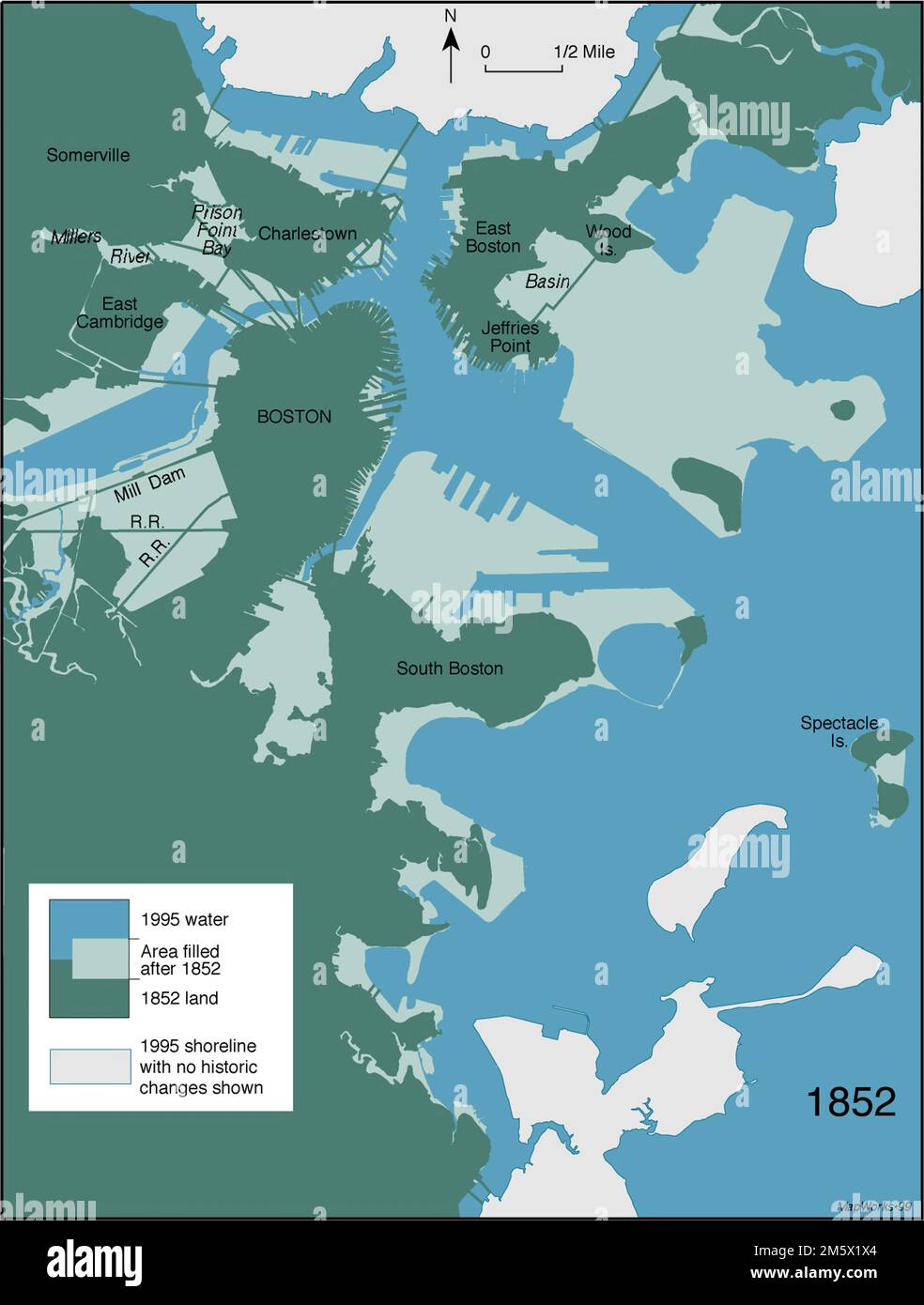 Boston shoreline 1852. Cartography by Herb Heidt and Eliza McClennen of ...