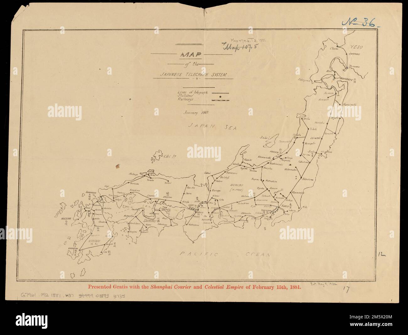 Map of the Japanese telegraph system. January 1881. "Presented gratis ...