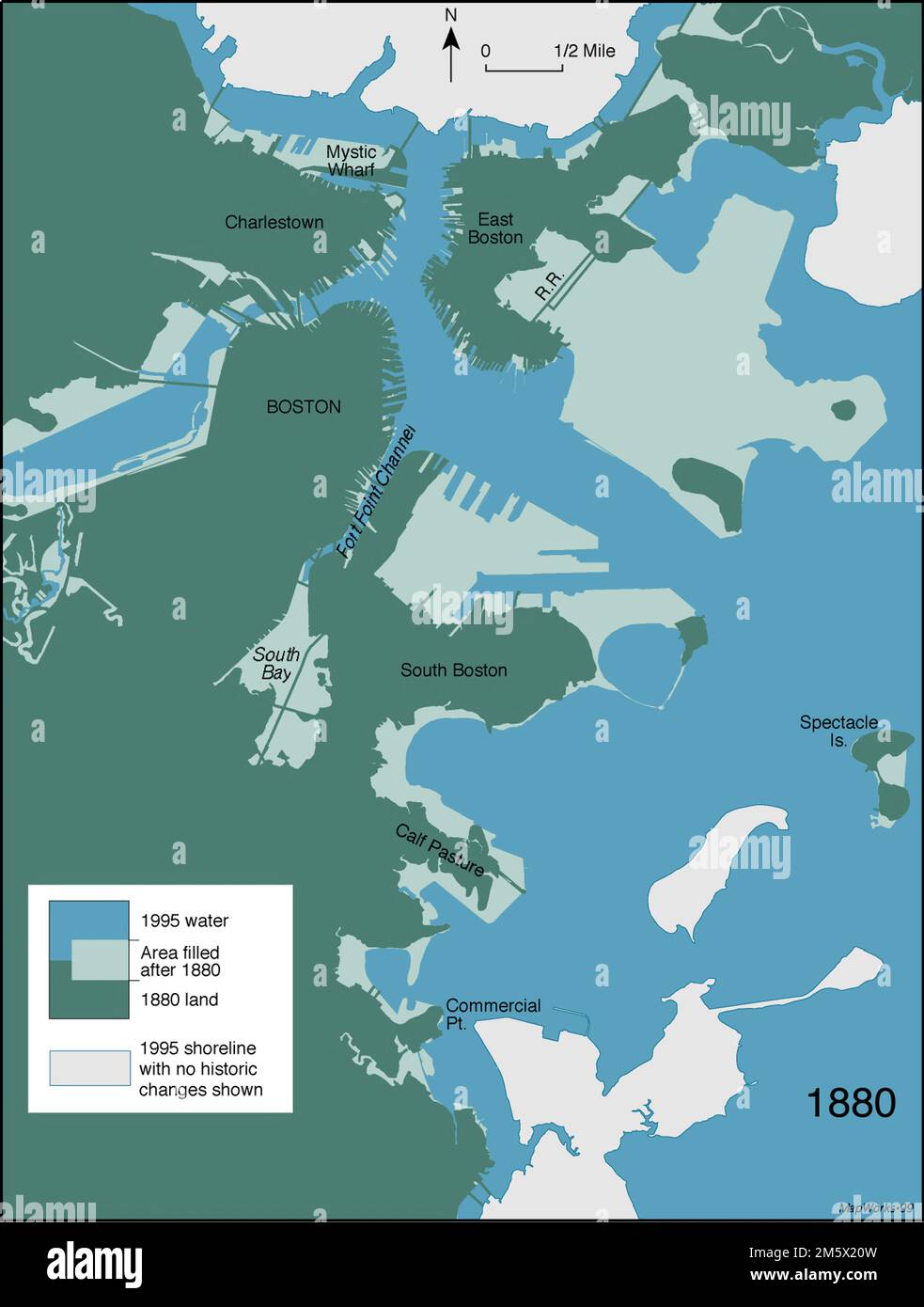 Boston shoreline 1880. Cartography by Herb Heidt and Eliza McClennen of ...