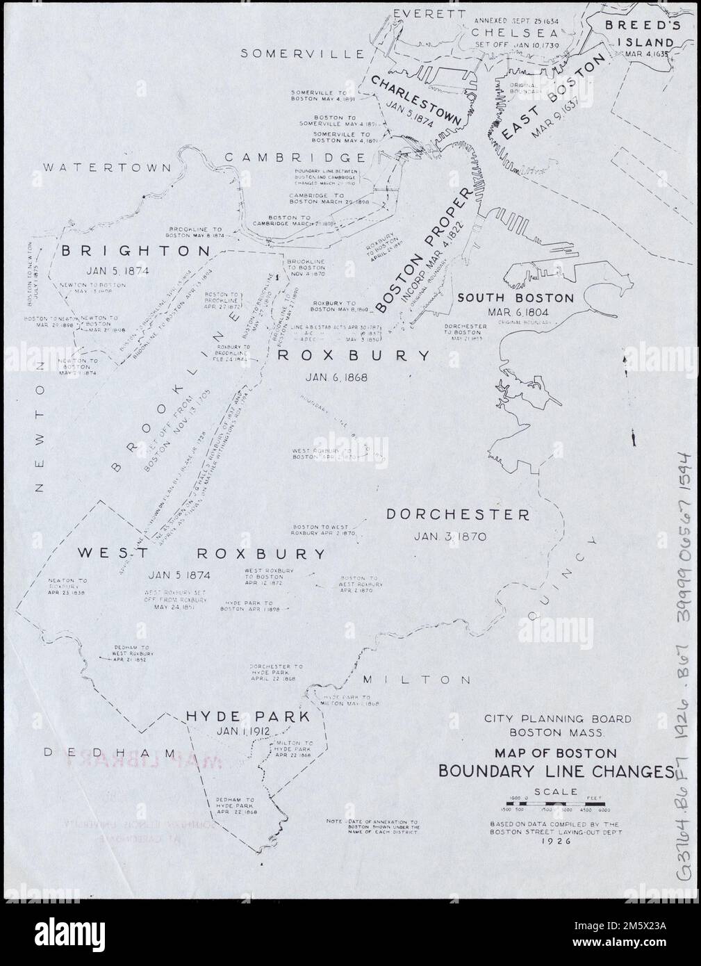 Map of Boston boundary line changes. Includes dates of districts ...