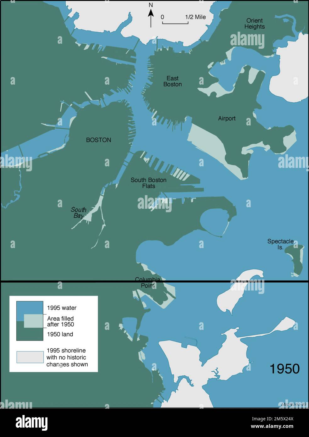 Boston shoreline 1950. Cartography by Herb Heidt and Eliza McClennen of ...