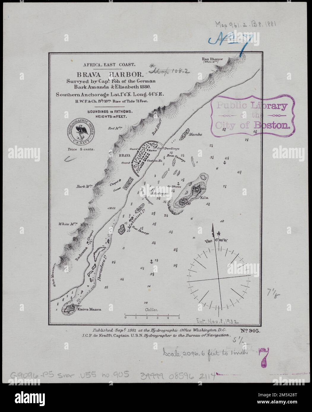 Africa, east coast, Brava Harbor. Relief shown by hachures and spot ...