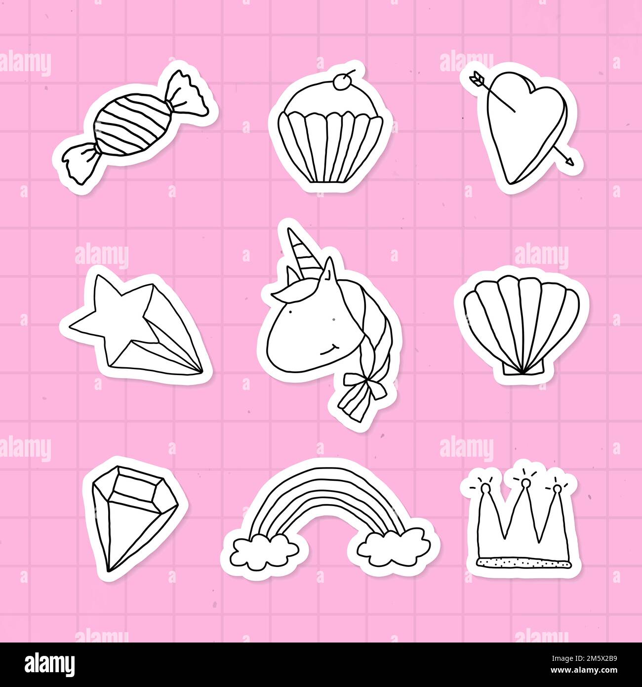 Cute doodle style sticker with a white border set on a pink background ...