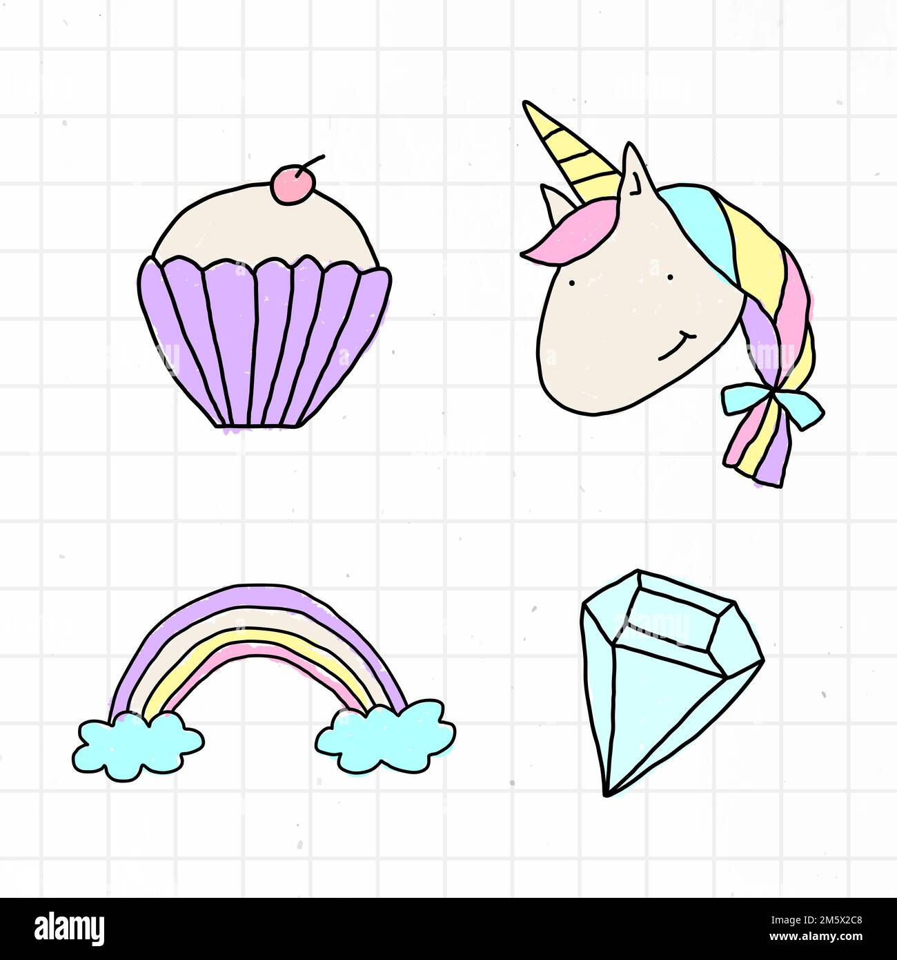 Cute pastel doodle style design element set on a grid background vector ...