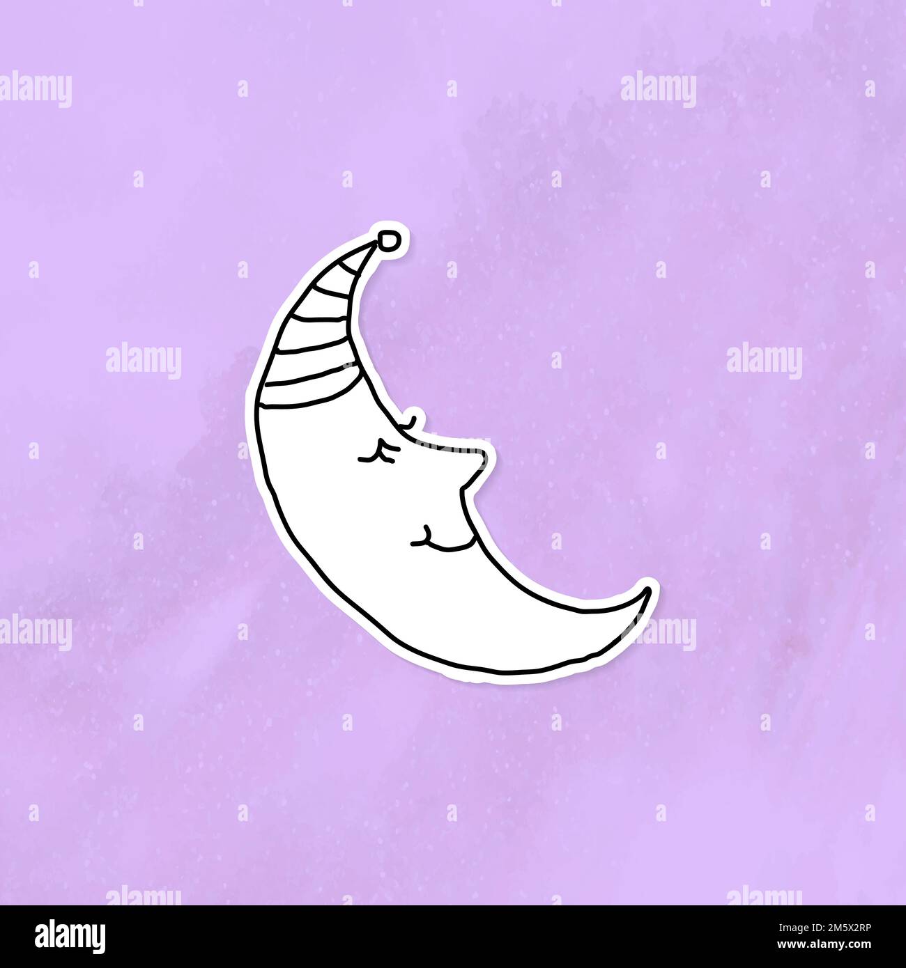 Doodle sleeping crescent moon journal sticker with a white border on a ...