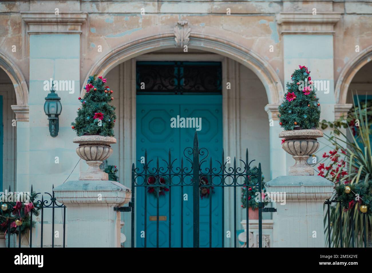 Beautiful christmas ornaments in front of old baroque building ...