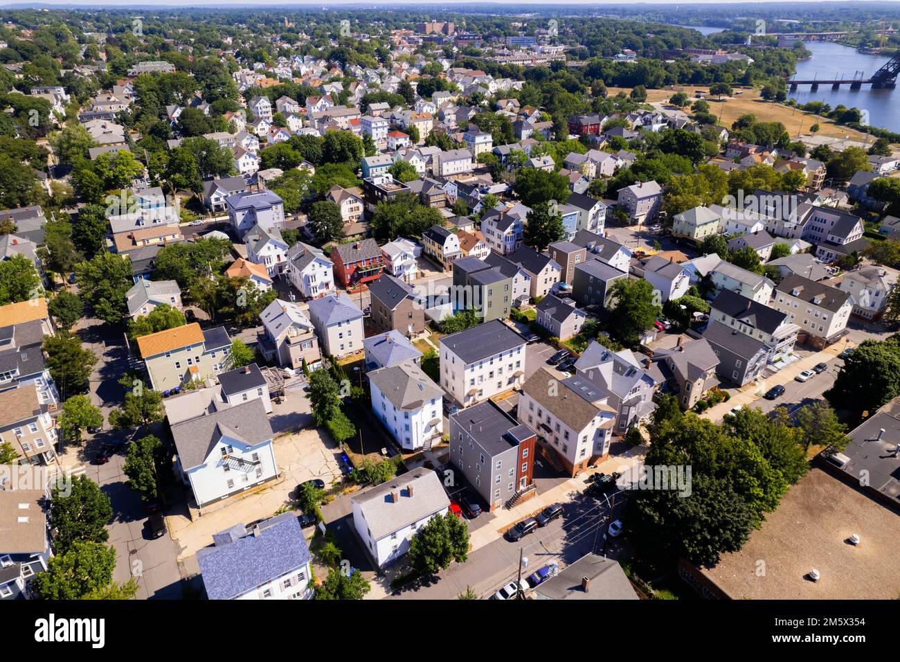 An aerial drone shot of the cape cod houses of East Providence ...