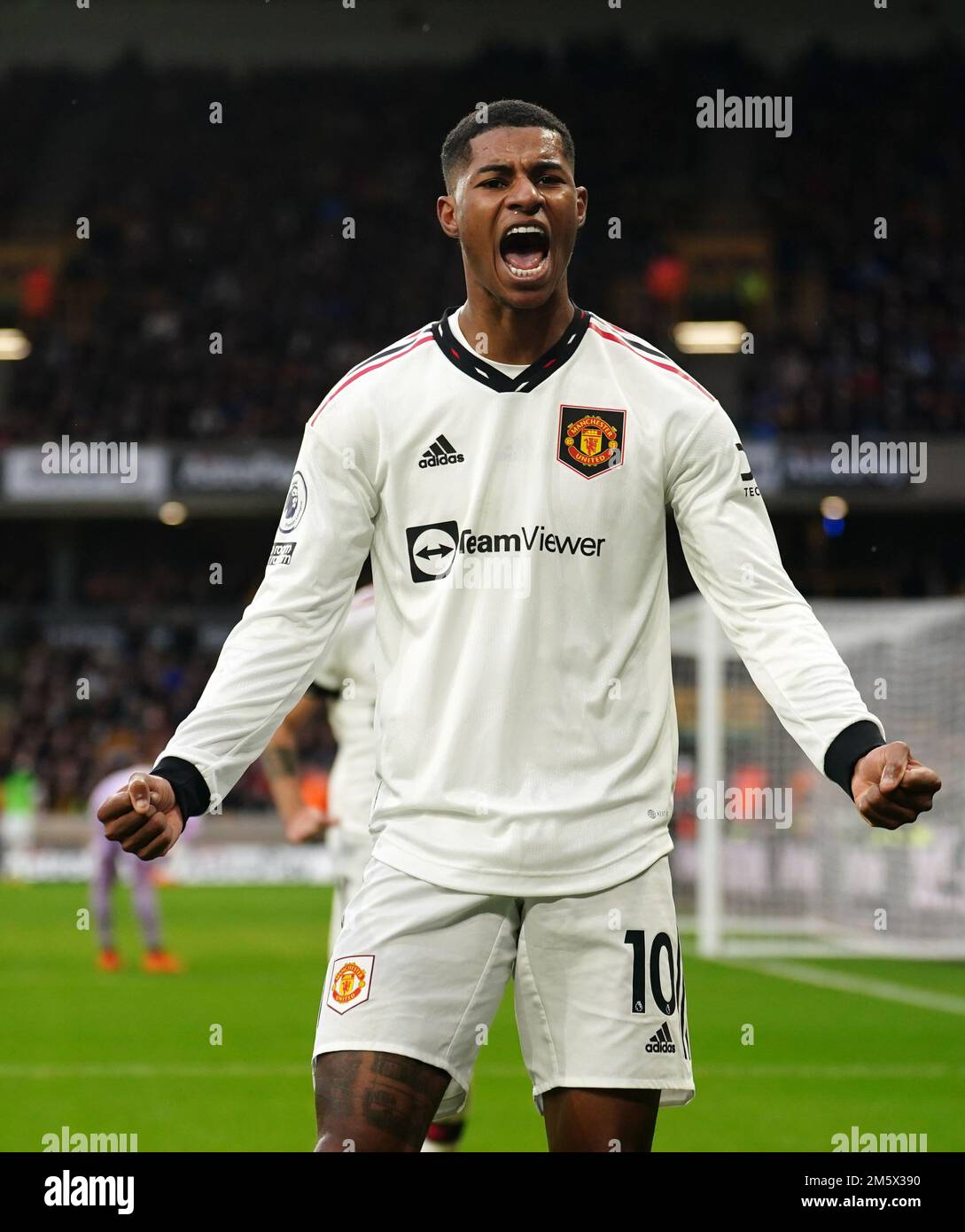 Manchester United's Marcus Rashford celebrates scoring before the goal ...