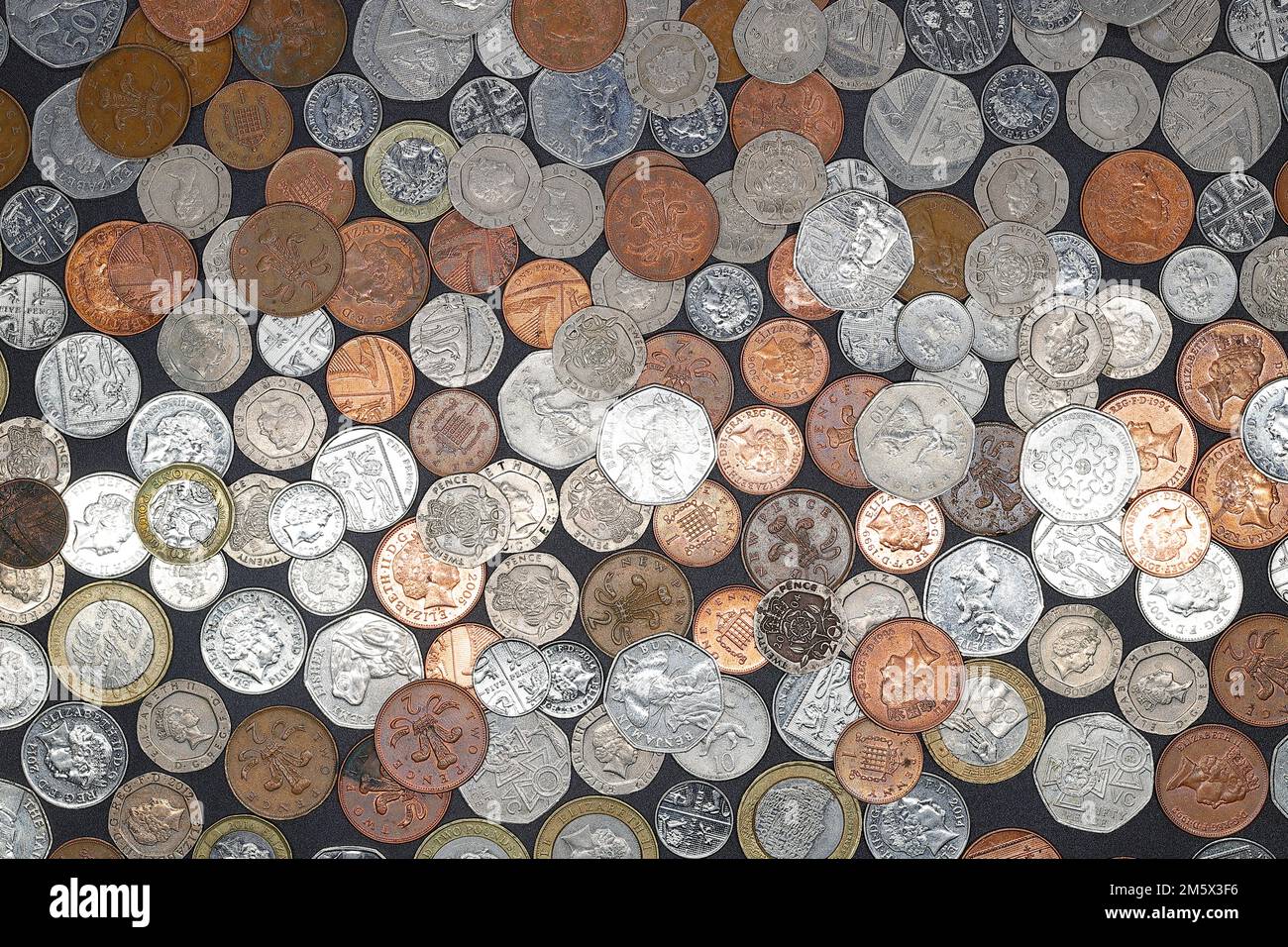 A pile of British coins including 1 pence, 2 pence, 5 pence, 10 pence ...