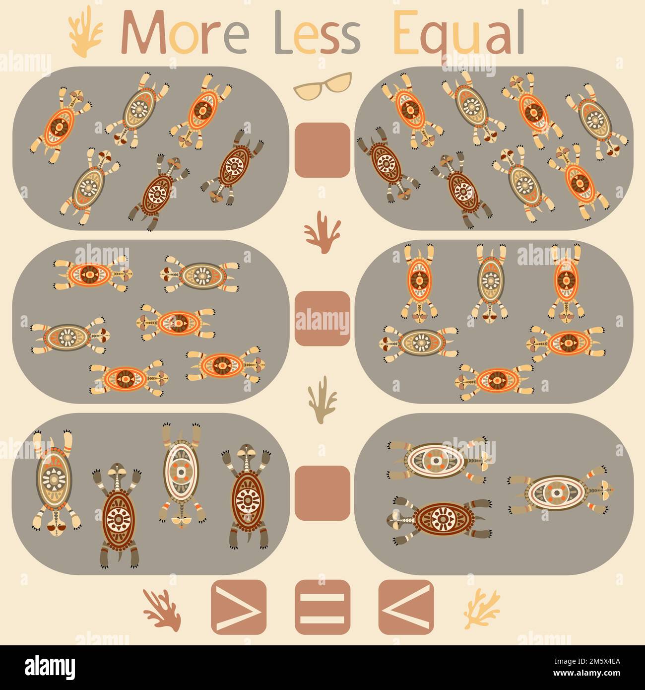 count the turtles in the picture and put a sign more, less or equal to ...