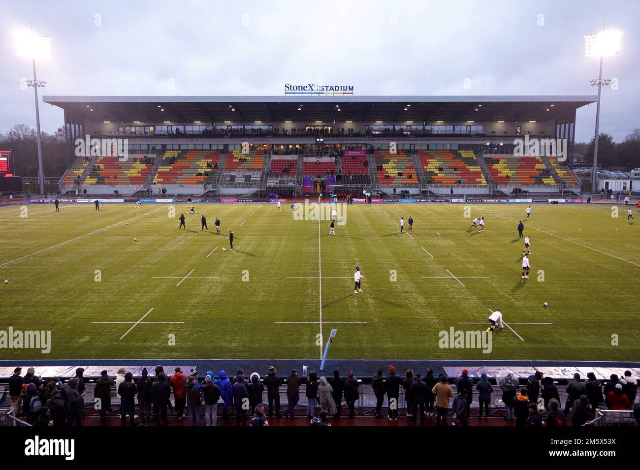 A general view of the stadium as the players warm up on the pitch prior ...
