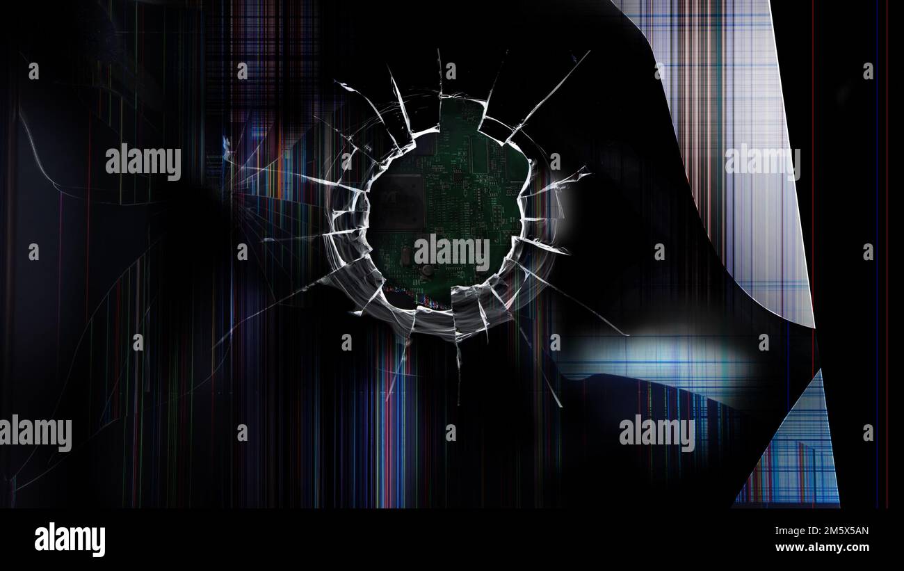 Broken black monitor screen. The effect of a broken screen with multi ...